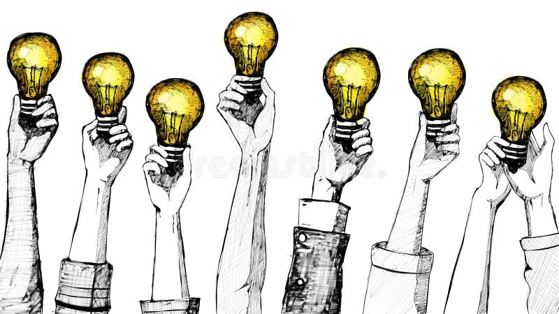 Multiple Hands Holding Illuminated Light Bulbs Upwards Stock Photo ...