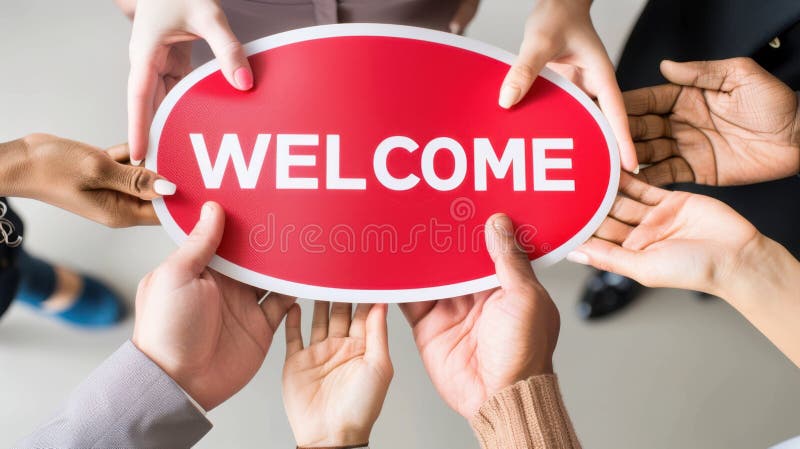The Red Welcome Sign. AI Generated Stock Photo - Image of hands ...