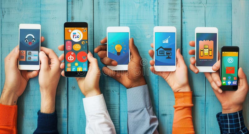 Multiple Hands Holding Smartphones with Different Apps Stock ...