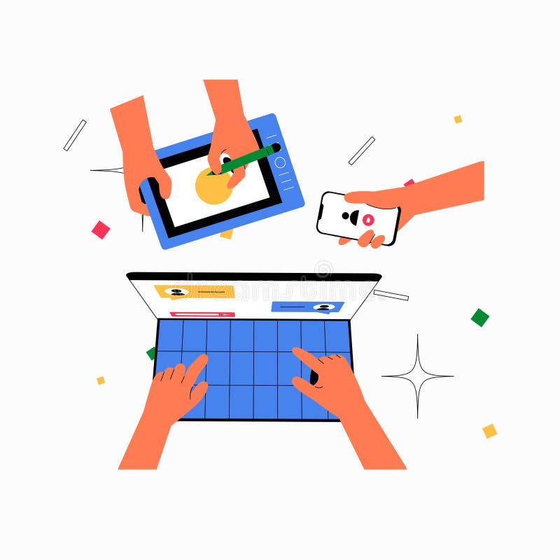 Digital Collaboration on Multiple Devices in Flat Vector Illustration ...
