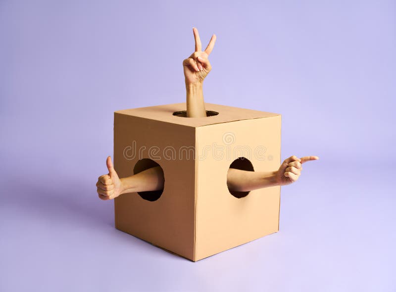 Multiple Hands Making Gestures from Cardboard Box. Stock Photo - Image ...