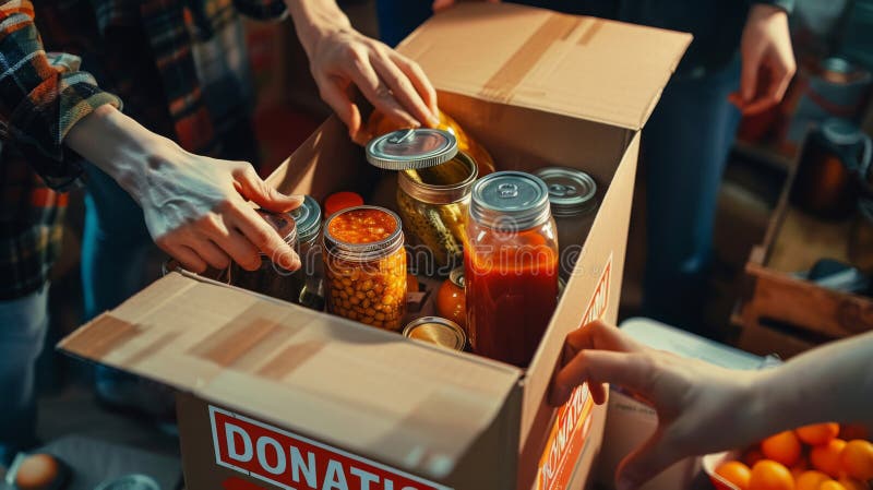 Multiple Hands Organizing a Donation Box Filled with Various Food Items ...