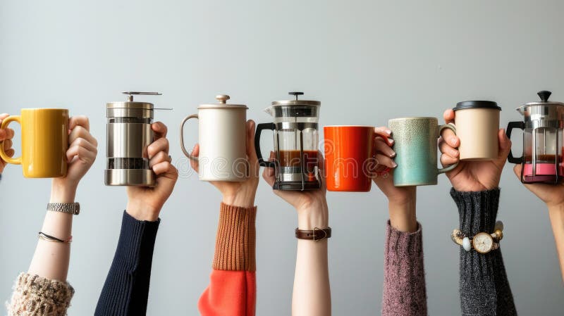 Multiple Hands are Raised, Each Holding a Different Type of Coffee Cup ...