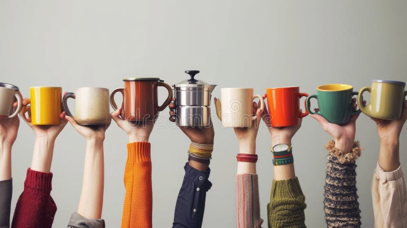 Multiple Hands are Raised, Each Holding a Different Type of Coffee Cup ...