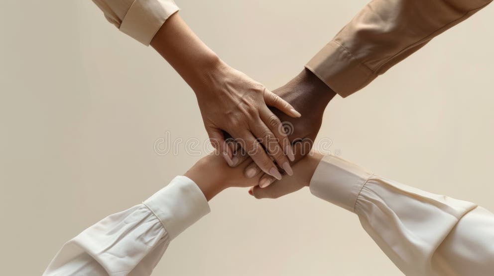 Multiple Hands Reach Together in a Gesture of Unity and Cooperation..AI ...