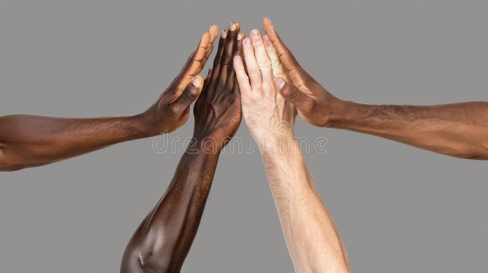 Multiple Hands Reach Together in a Gesture of Unity and Cooperation..AI ...