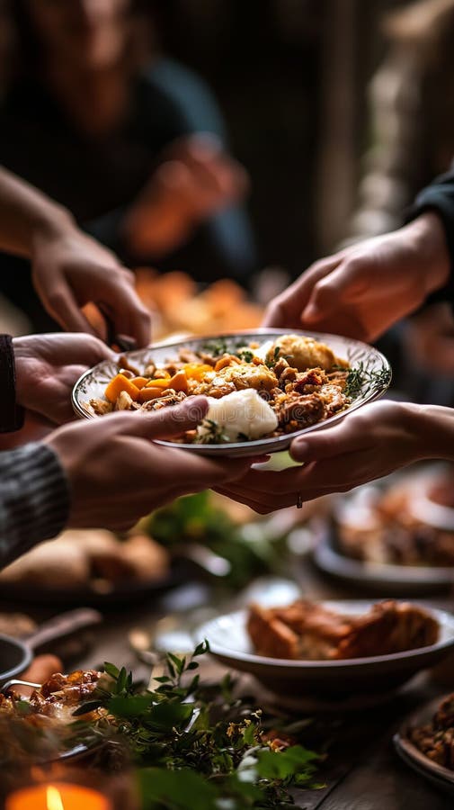 Close Up of Hands Passing a Platter of Colorful Dishes Across ...