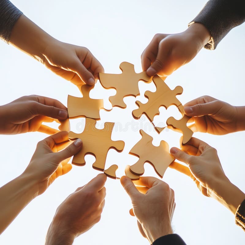 Hands Coming Together To Complete a Puzzle Against a Bright Background ...