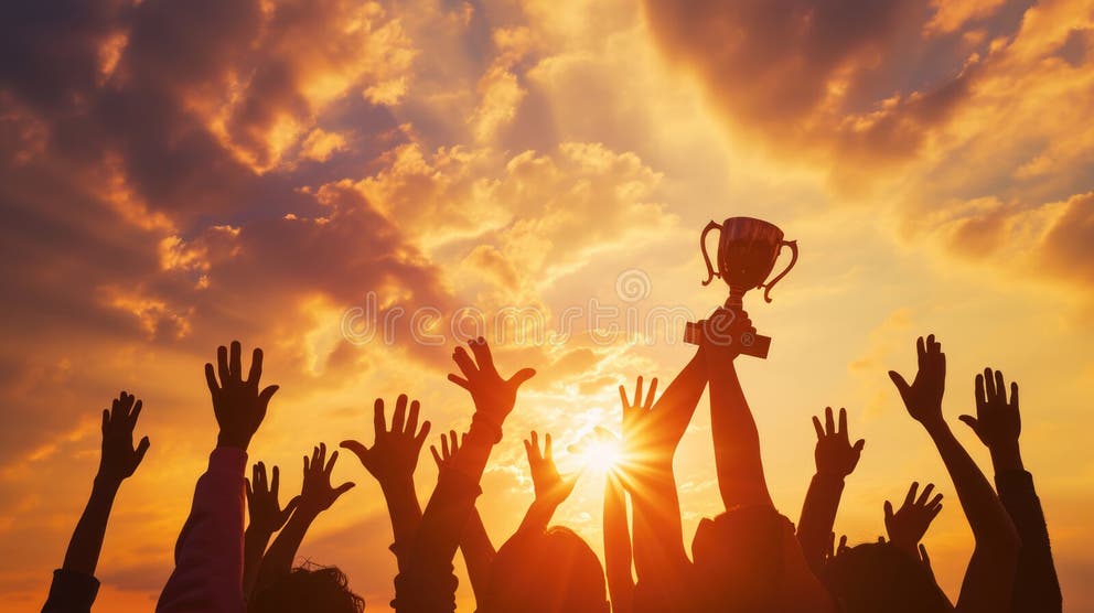 Multiple Hands Reaching Towards a Trophy Against a Backdrop of a ...