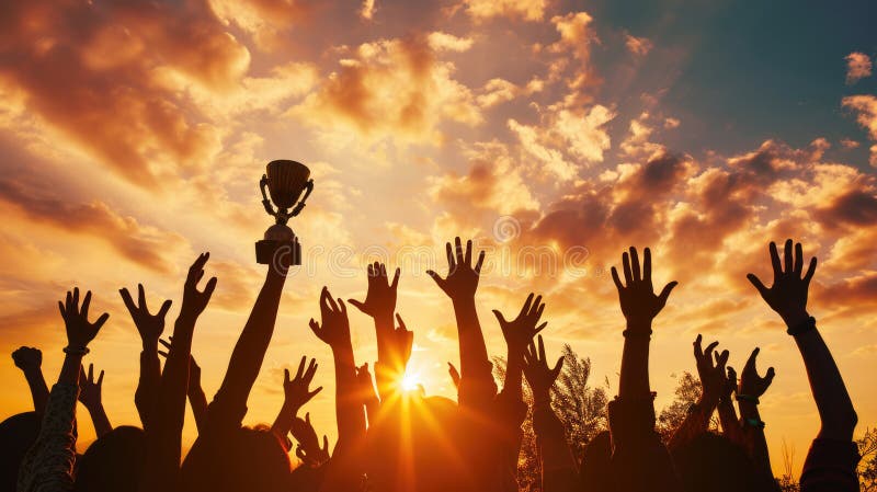 Multiple Hands Reaching Towards a Trophy Against a Backdrop of a ...