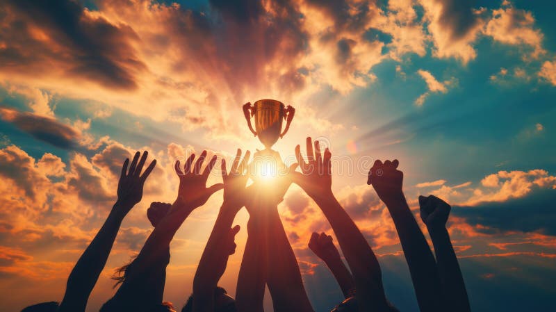 Multiple Hands Reaching Towards a Trophy Against a Backdrop of a ...