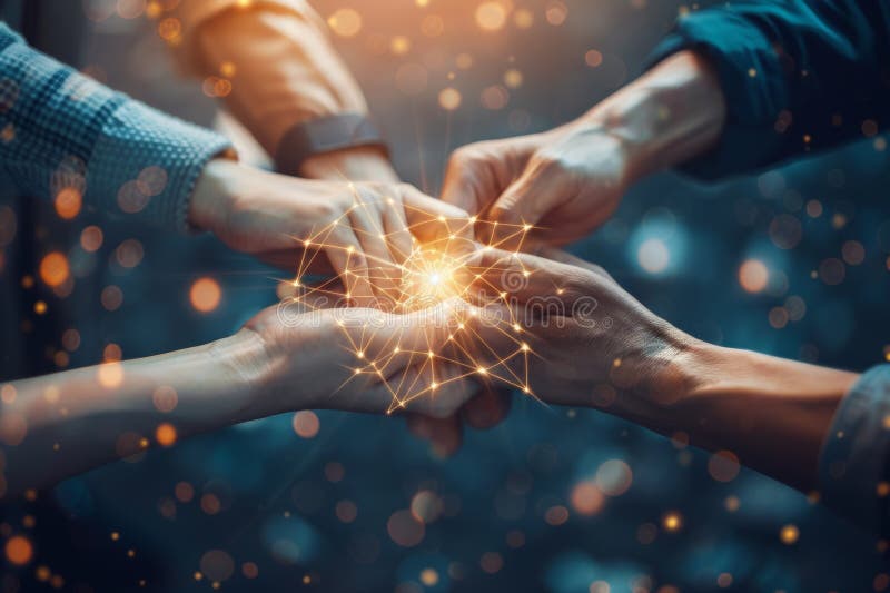 Multiple Hands Touching, Generating Luminous Network, Symbolizing ...