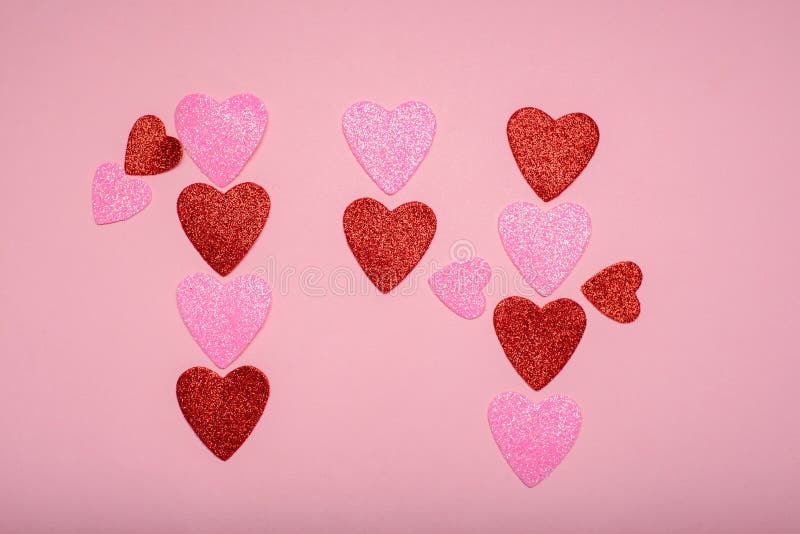 Multiple Hearts with Glitter Forming an Arc on Pink Background. Stock ...