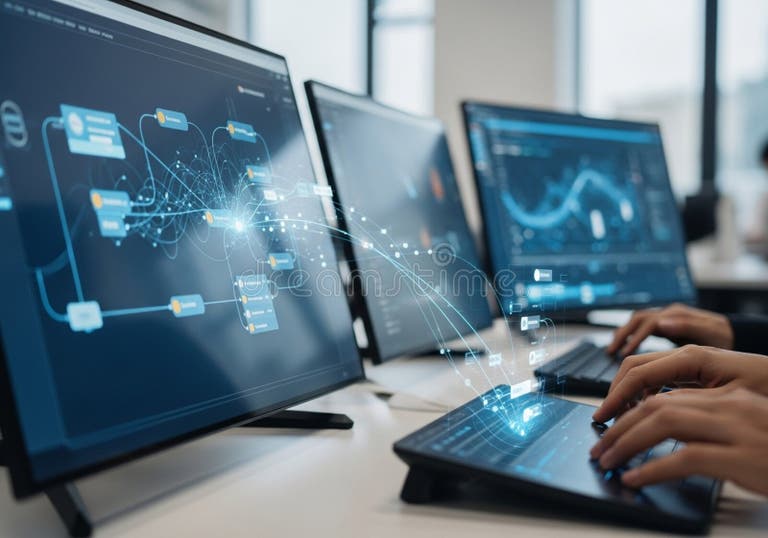 Multiple High-resolution Screens Display Complex Data Visualizations Stock Illustration ...