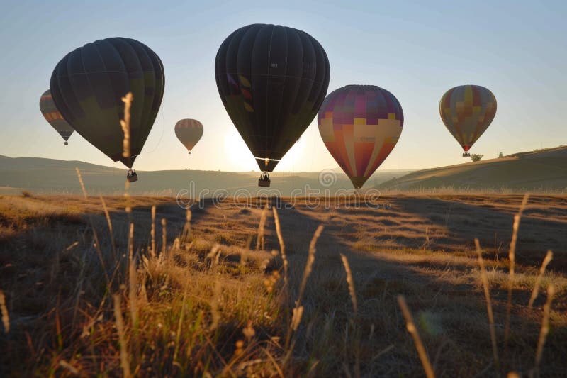 Multiple Hot Air Balloons Casting Shadows on the Ground at Dawn Stock ...