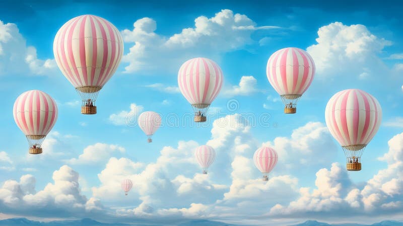 Multiple Hot Air Balloons Floating in Cloudy Sky Stock Illustration ...