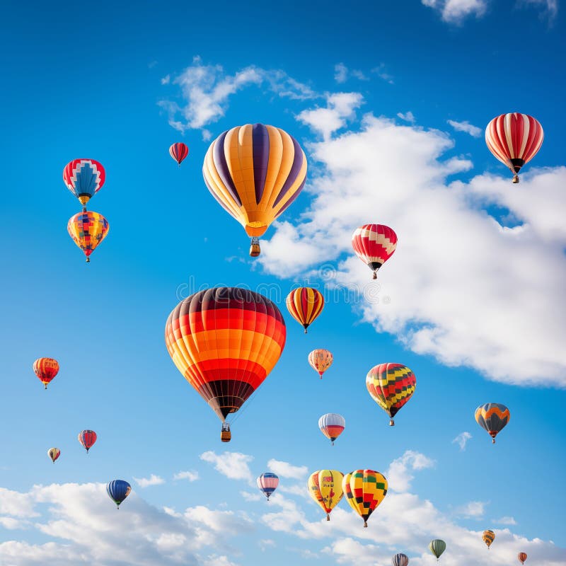Multiple Hot Air Balloons Flying in Blue Sky with Clouds Stock ...
