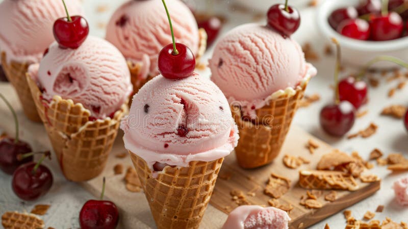 Multiple Ice Cream Cones Topped with Cherries in a Group Setting Stock ...