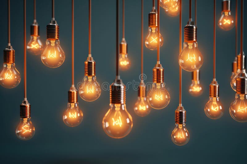 Multiple Illuminated Light Bulbs on Moody Background. Stock ...