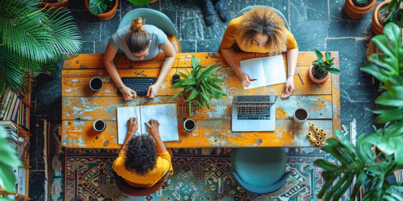 Multiple Individuals Seated by a Table, Accompanied by Plants and a ...