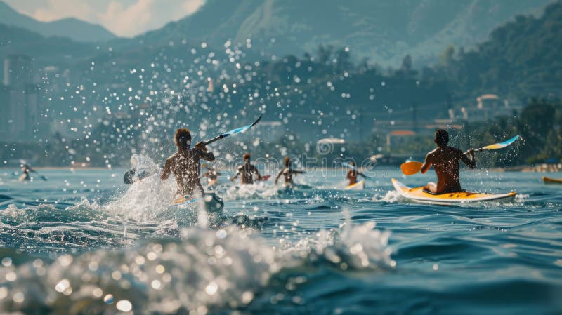 Group of People Riding Paddle Boards on Body of Water Stock Photo ...