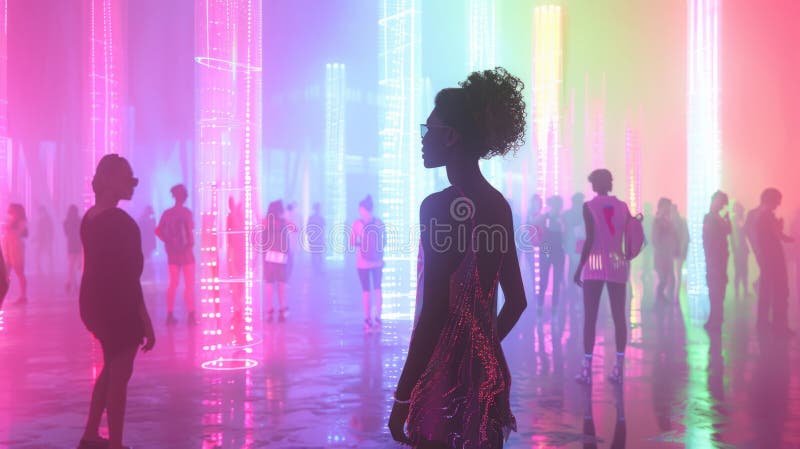Group of People Standing in Room with Colored Lights Stock Image ...