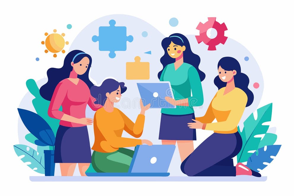 Multiple Individuals Standing and Collaborating Around a Laptop in a Teamwork Setting, Womans ...