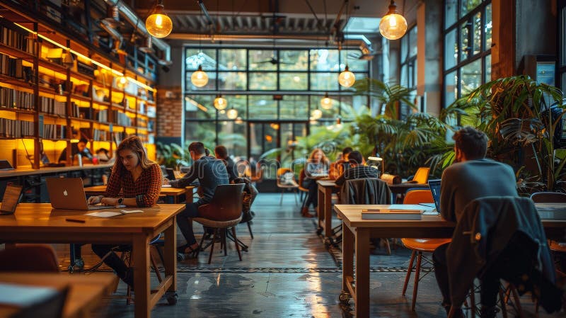 People Sitting at Tables in a Library with Laptops Stock Illustration ...
