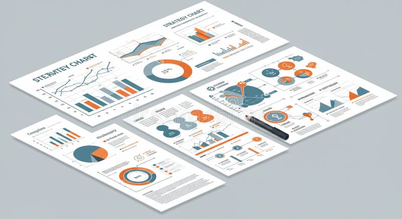 Multiple Infographic Sheets Display Various Data Visualizations, Including Bar Graphs, Stock ...