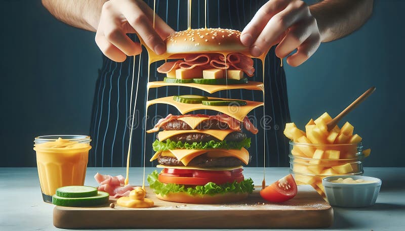 A Burger Being Assembled Layer by Layer in Mid Air Stock Image - Image ...