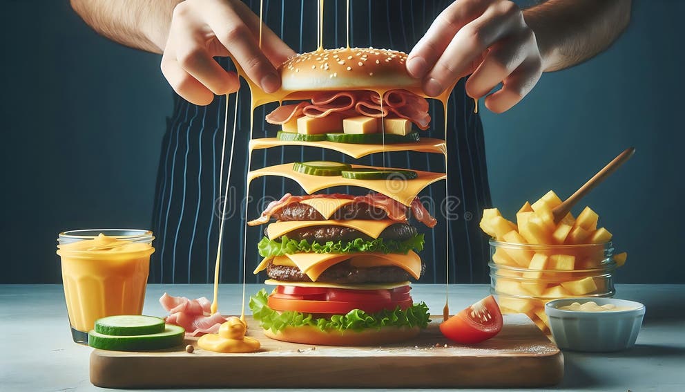 A Burger Being Assembled Layer by Layer in Mid Air Stock Image - Image ...