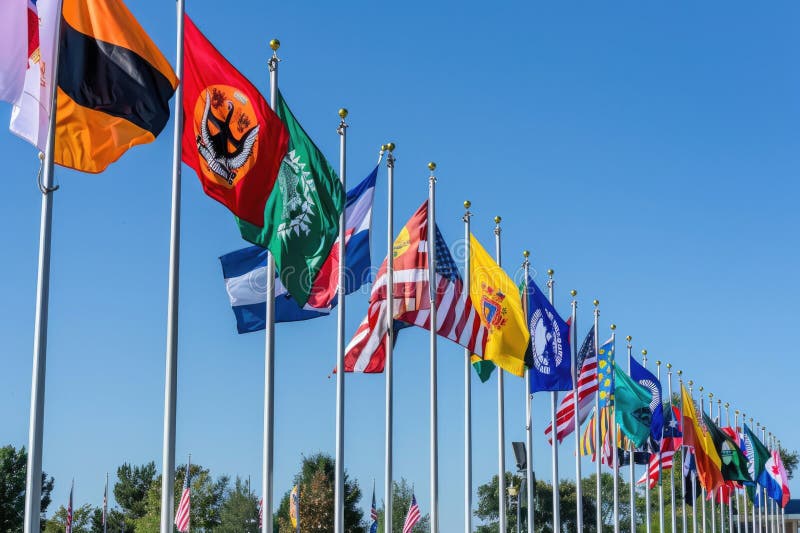 Multiple International Flags Waving on Tall Flagpoles Against a Clear ...