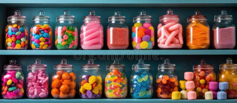 Multiple Jars of Candy Line the Shelving in Blue Plastic Bottles Stock ...