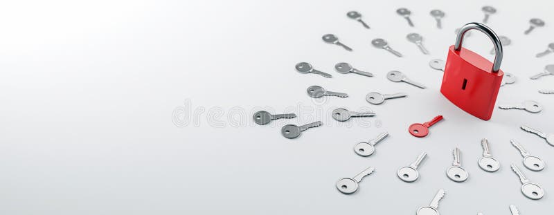 Multiple Keys Scattered with a Central Red Padlock on a Plain Light ...