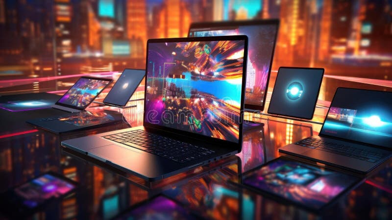 Multiple Laptops with Bright Screens on a Glass Table Stock ...