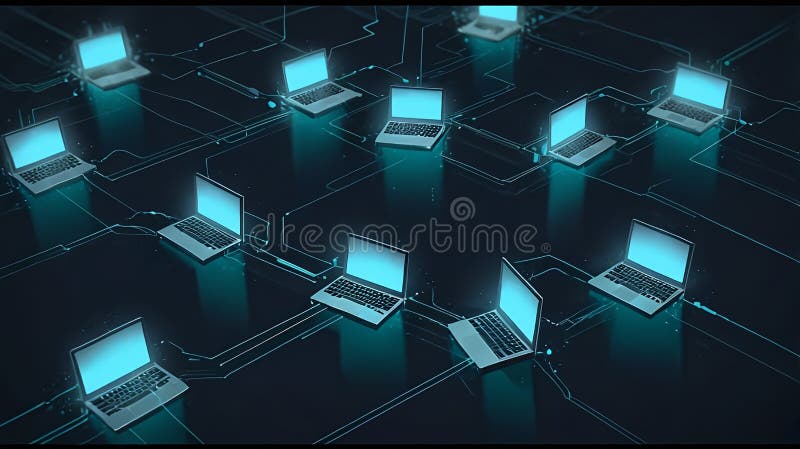 Multiple Laptops Connected on a Network with Glowing Screens Stock ...