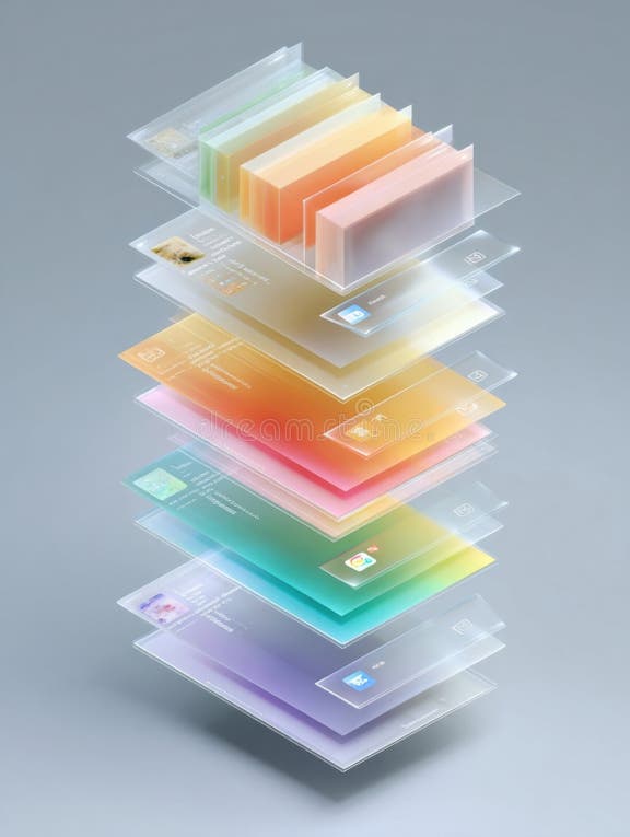 Layers of Transparent Digital Cards Stacked in a Modern Design Showcasing Various Colors and ...