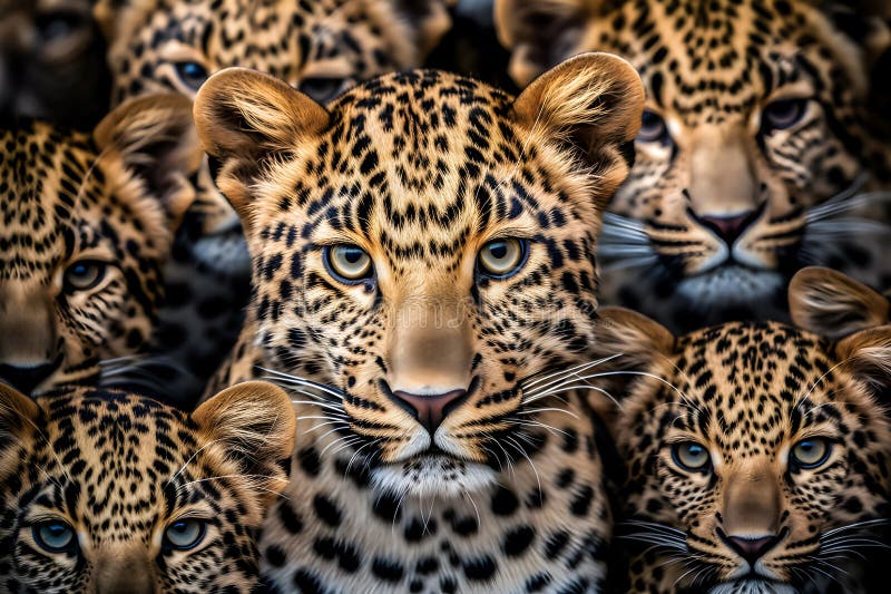 Multiple Leopards Face only Packed Together and Straight Look the Same ...