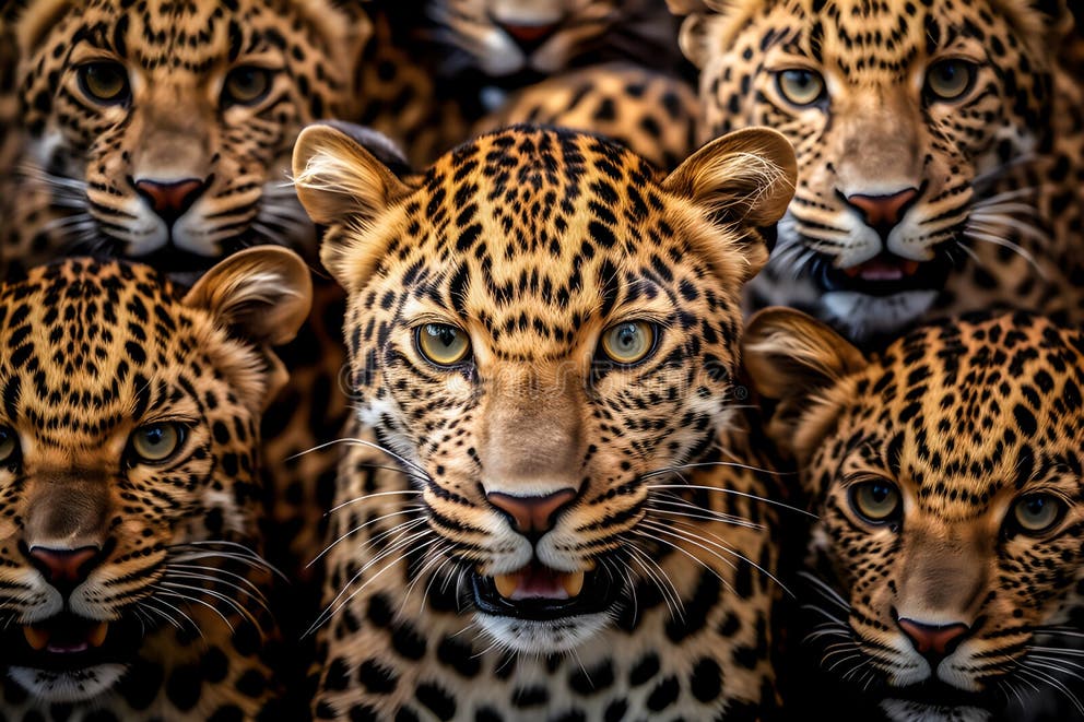 Multiple Leopards Face only Packed Together and Straight Look the Same ...
