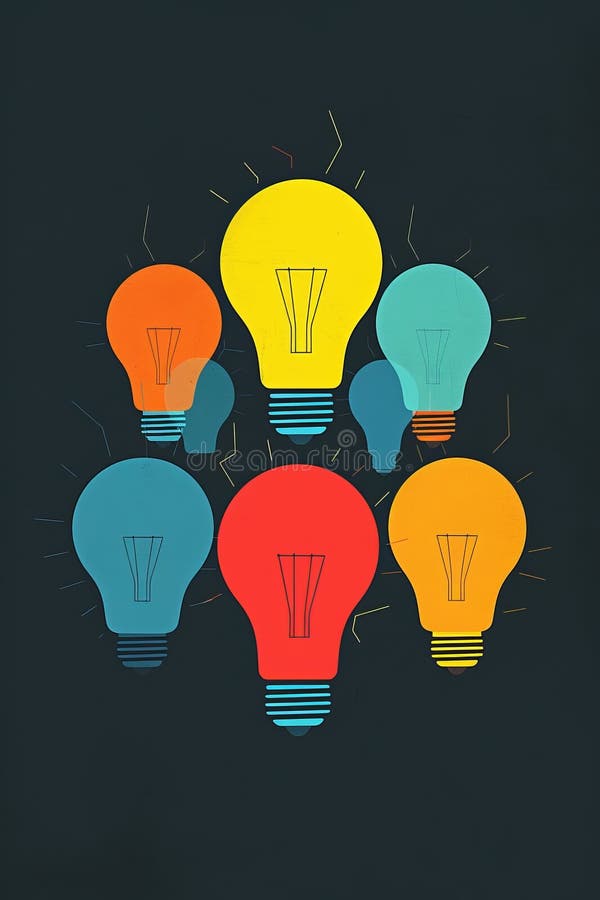 Multiple Light Bulbs with a Central One Shining, Depicting ...