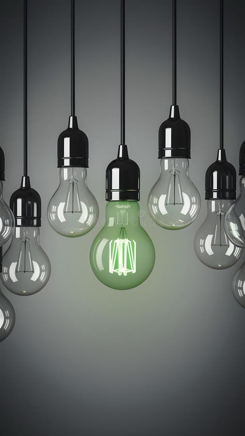 Multiple Light Bulbs, One Glows Green, Muted Gray Background Stock ...