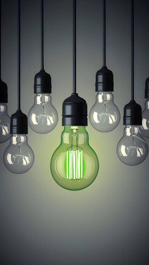 Multiple Light Bulbs, One Glows Green, Muted Gray Background Stock ...