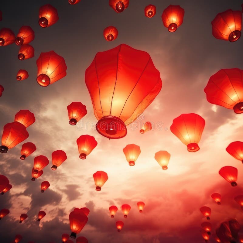 Multiple Lighted Chinese Lanterns Over Sky with Clouds Created Using ...