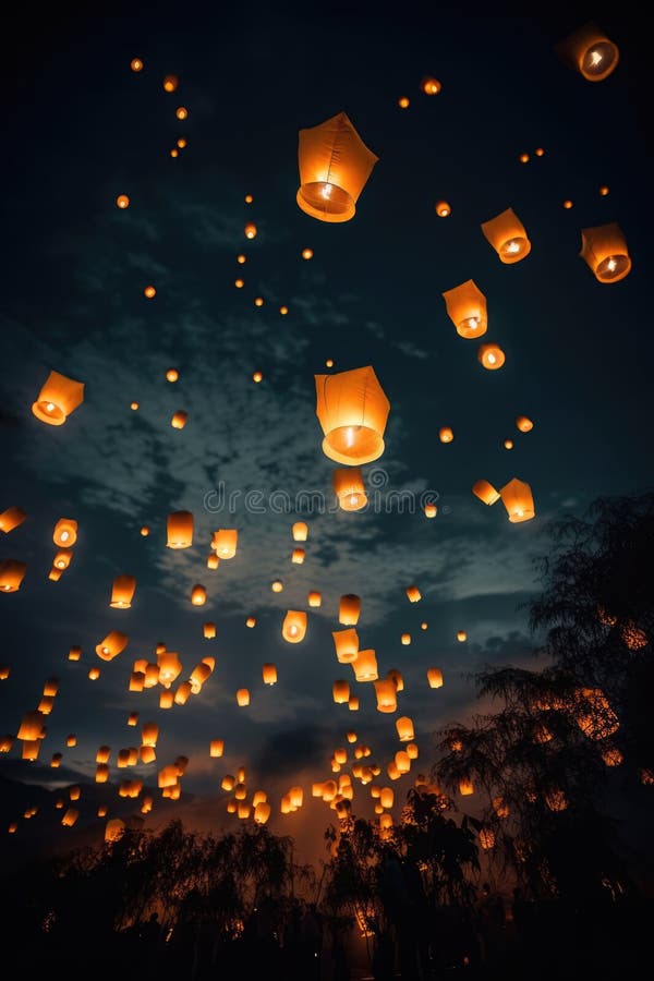 Multiple Lighted Chinese Lanterns Over Sky and Trees Created Using ...
