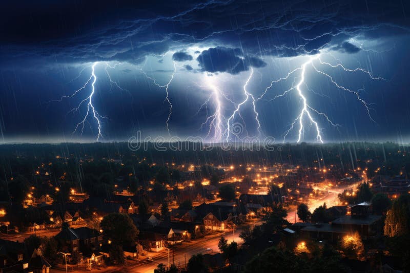 Multiple Lightning Strikes Over a City during a Thunderstorm Stock ...