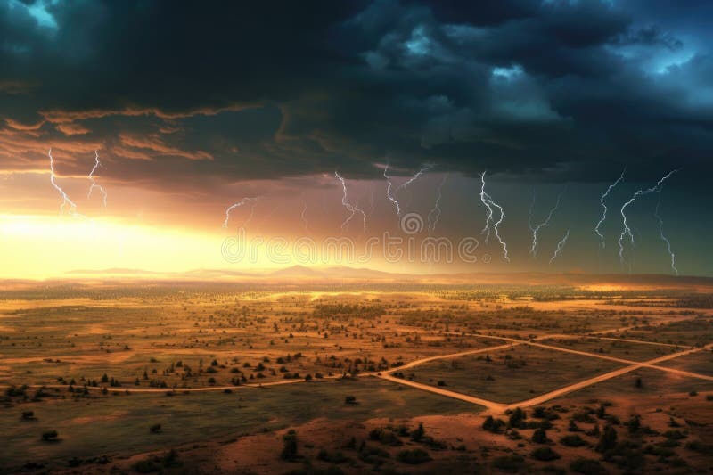 Multiple Lightning Strikes on a Vast Plain Stock Illustration ...