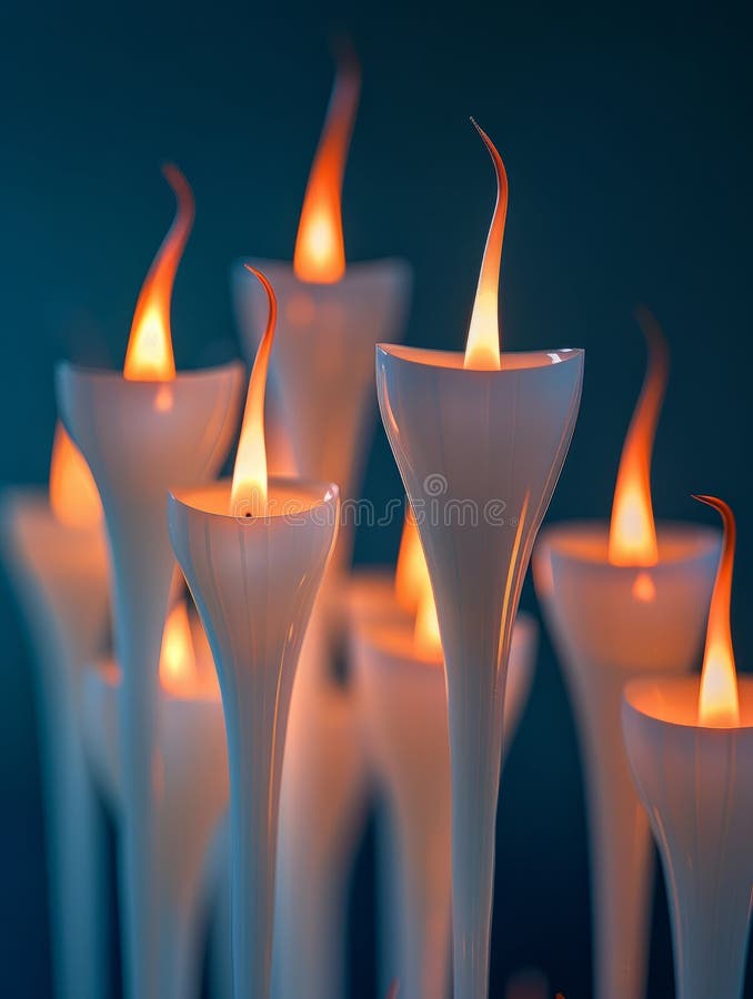 Multiple Lit Candles with Flames in White Holders. Stock Photo - Image ...
