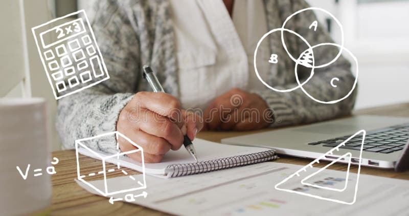 Multiple Math Concept Icons Against Mid Section of Woman Taking Notes ...