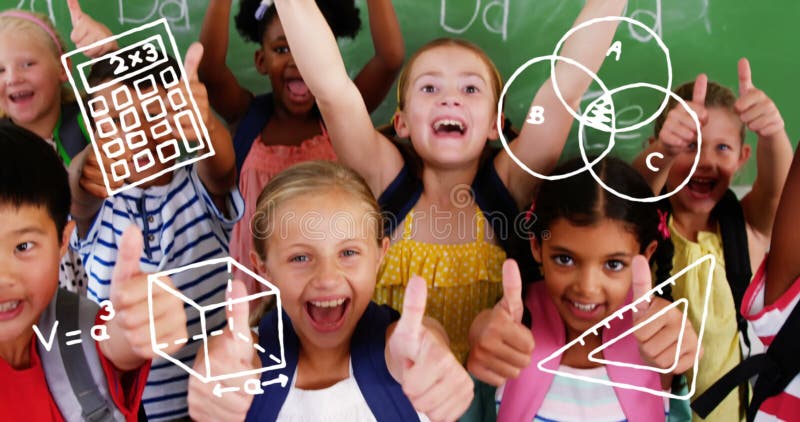 Multiple Mathematics Concept Icons Against Diverse Students Showing ...