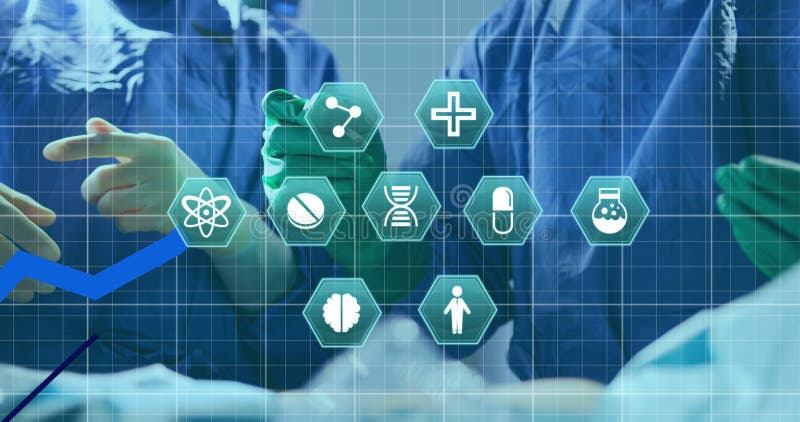 Multiple Medical Icons Against Mid Section of Team of Surgeons ...